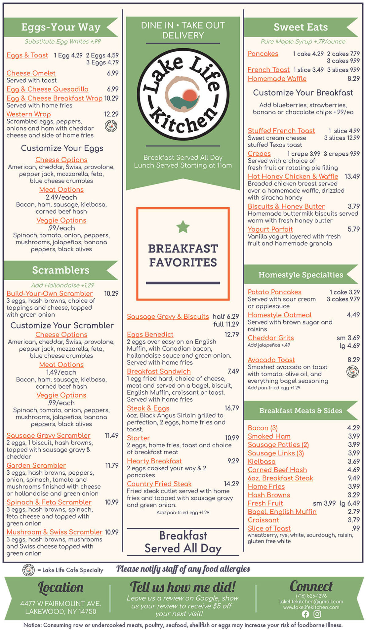 Breakfast Menu: All Day Breakfast in Lakewood, NY | Lake Life Kitchen