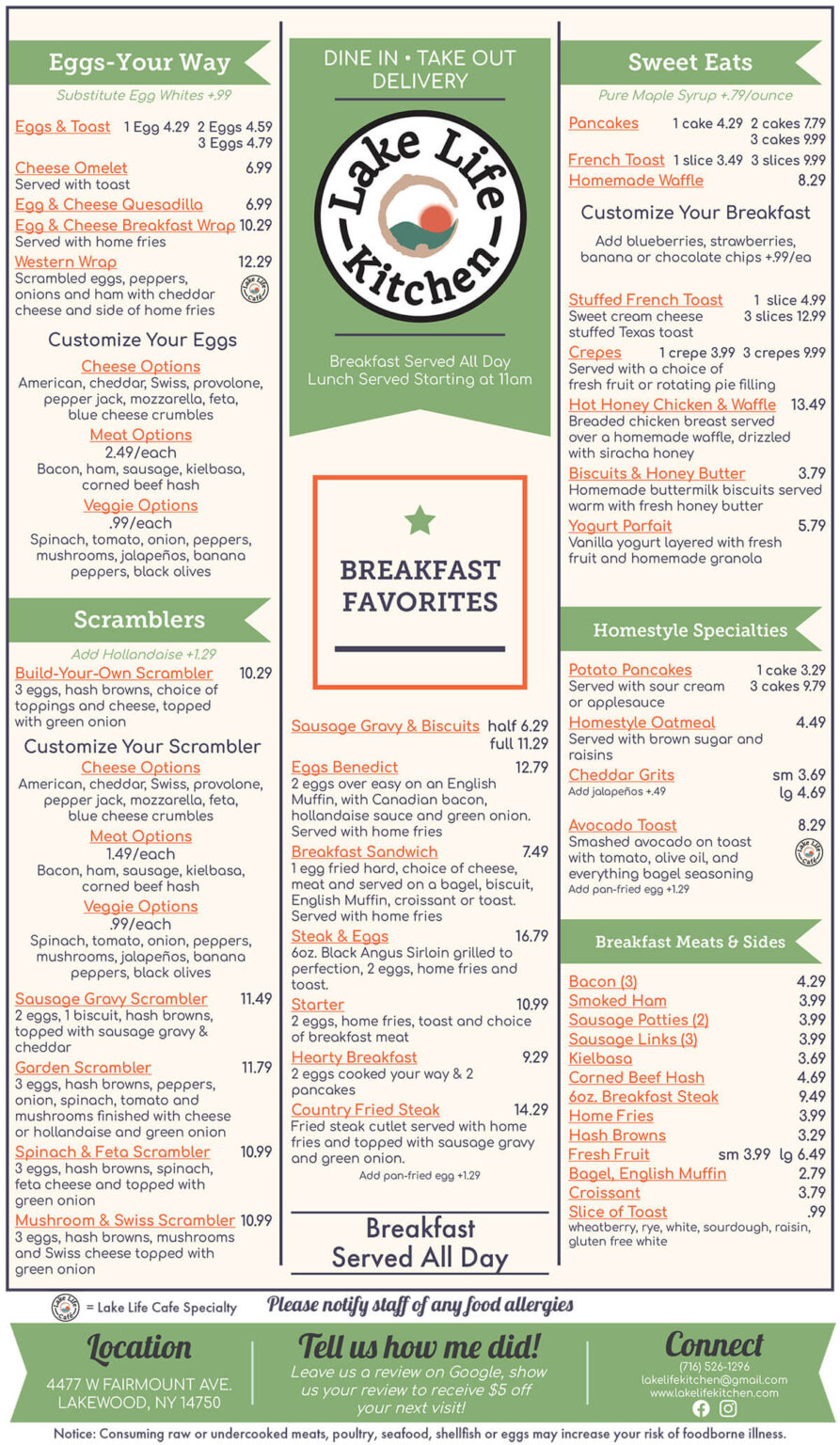 Breakfast Menu: All Day Breakfast in Lakewood, NY | Lake Life Kitchen