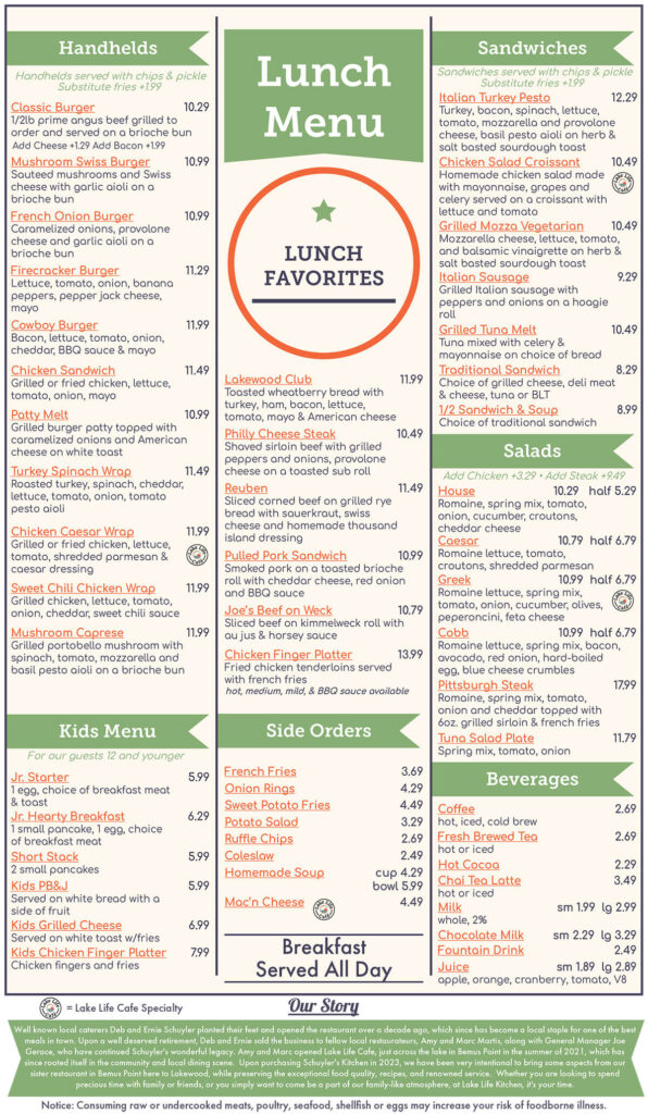 Lunch Menu: Lake Life Kitchen in Lakewood, NY
